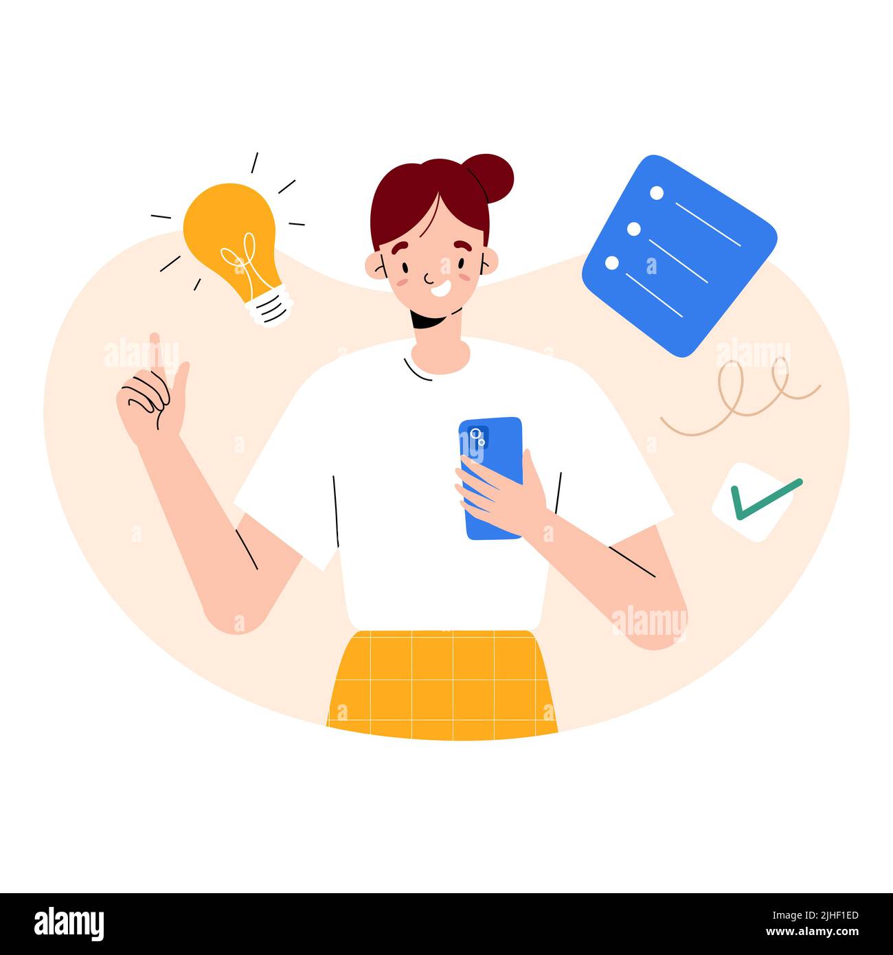 Young woman having idea or solution, taking note in app using her ...