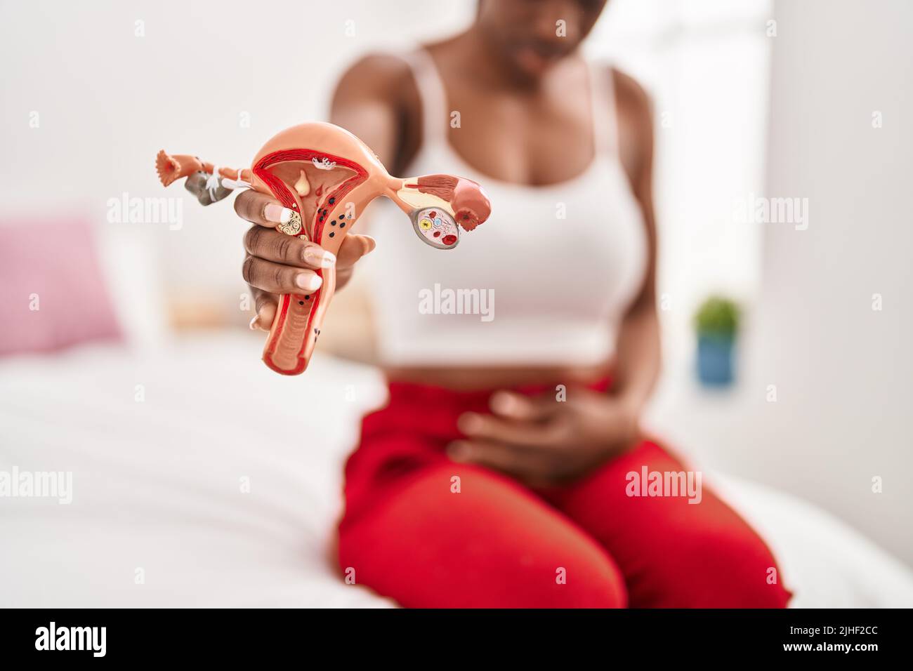 African american woman suffering for menstrual pain holding anatomical model of uterus at ...