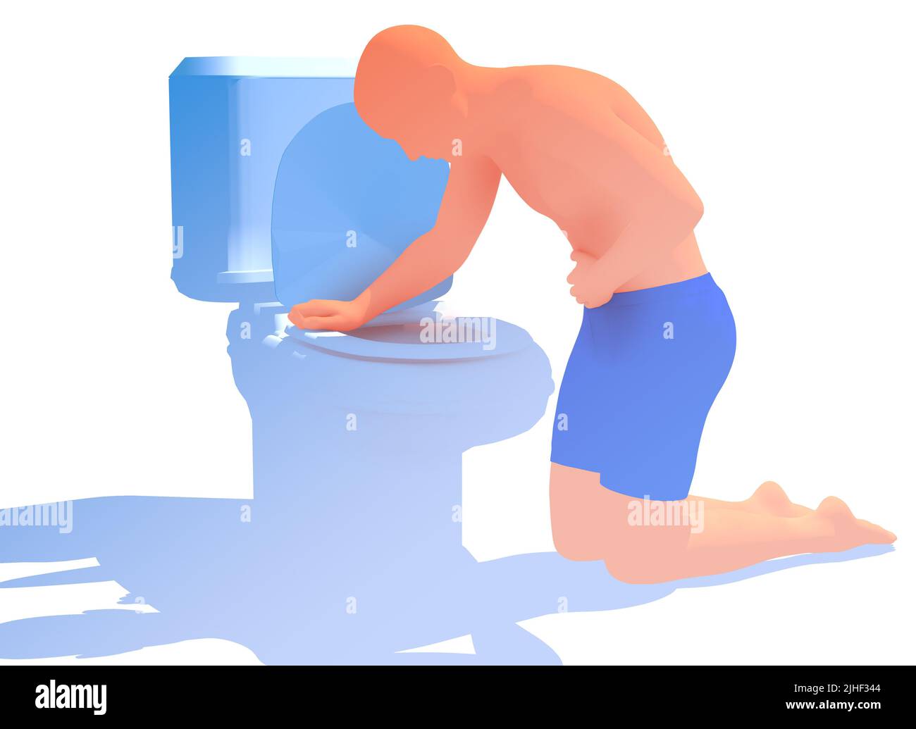 3d illustration of crouching human silhouette vomiting into a water ...
