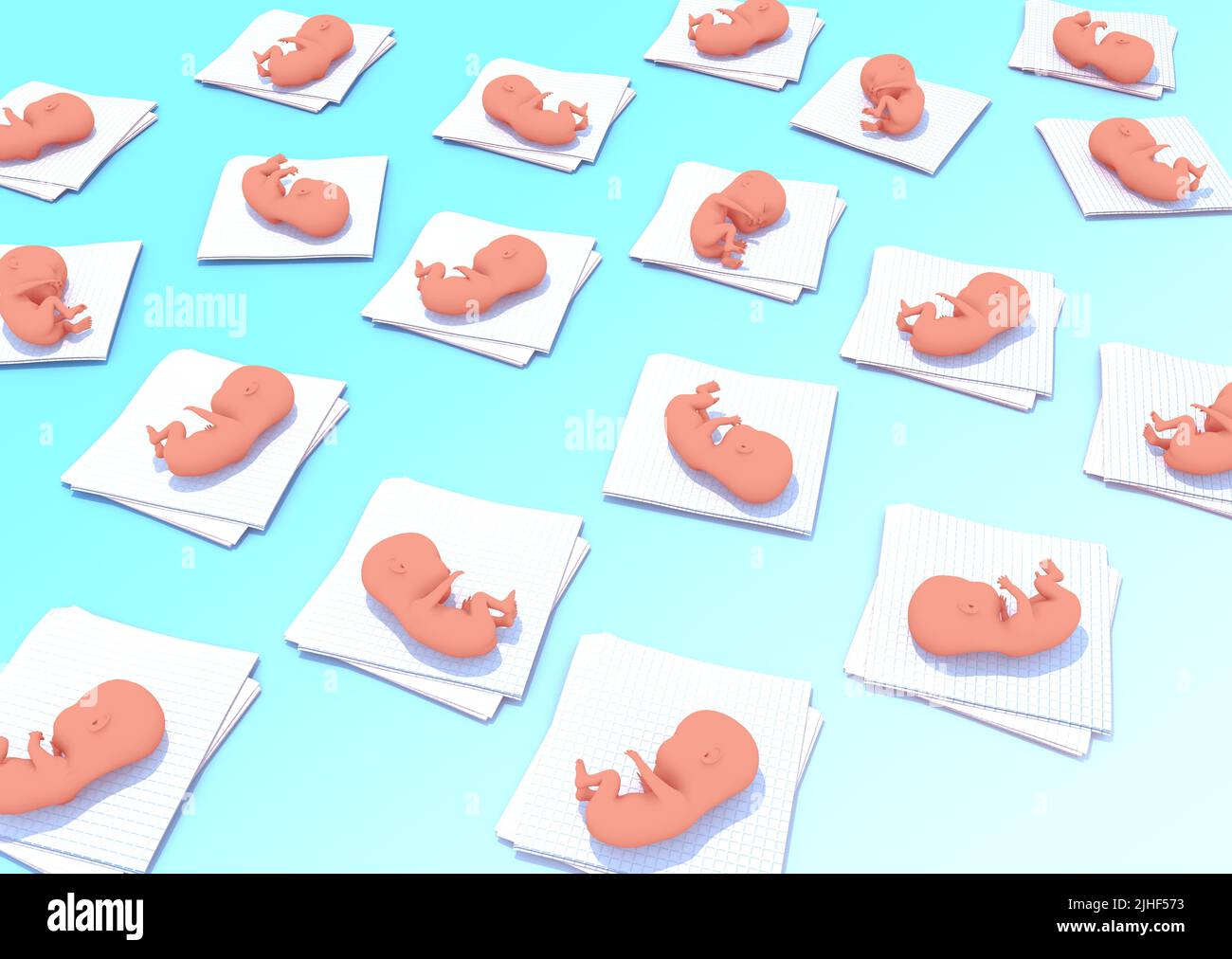 3d illustration of human fetuses. Distributed on a blue surface on some ...