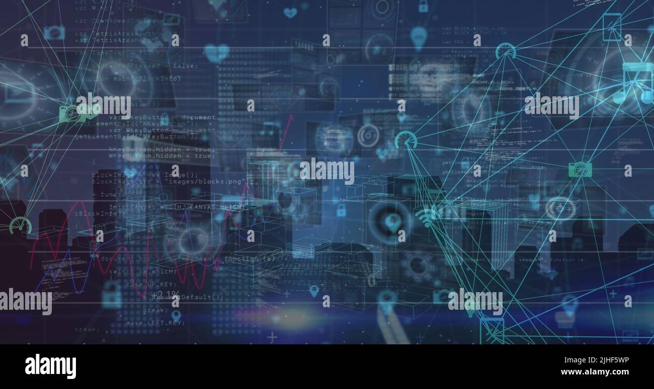 Image of data processing on moving screens over blue background Stock ...