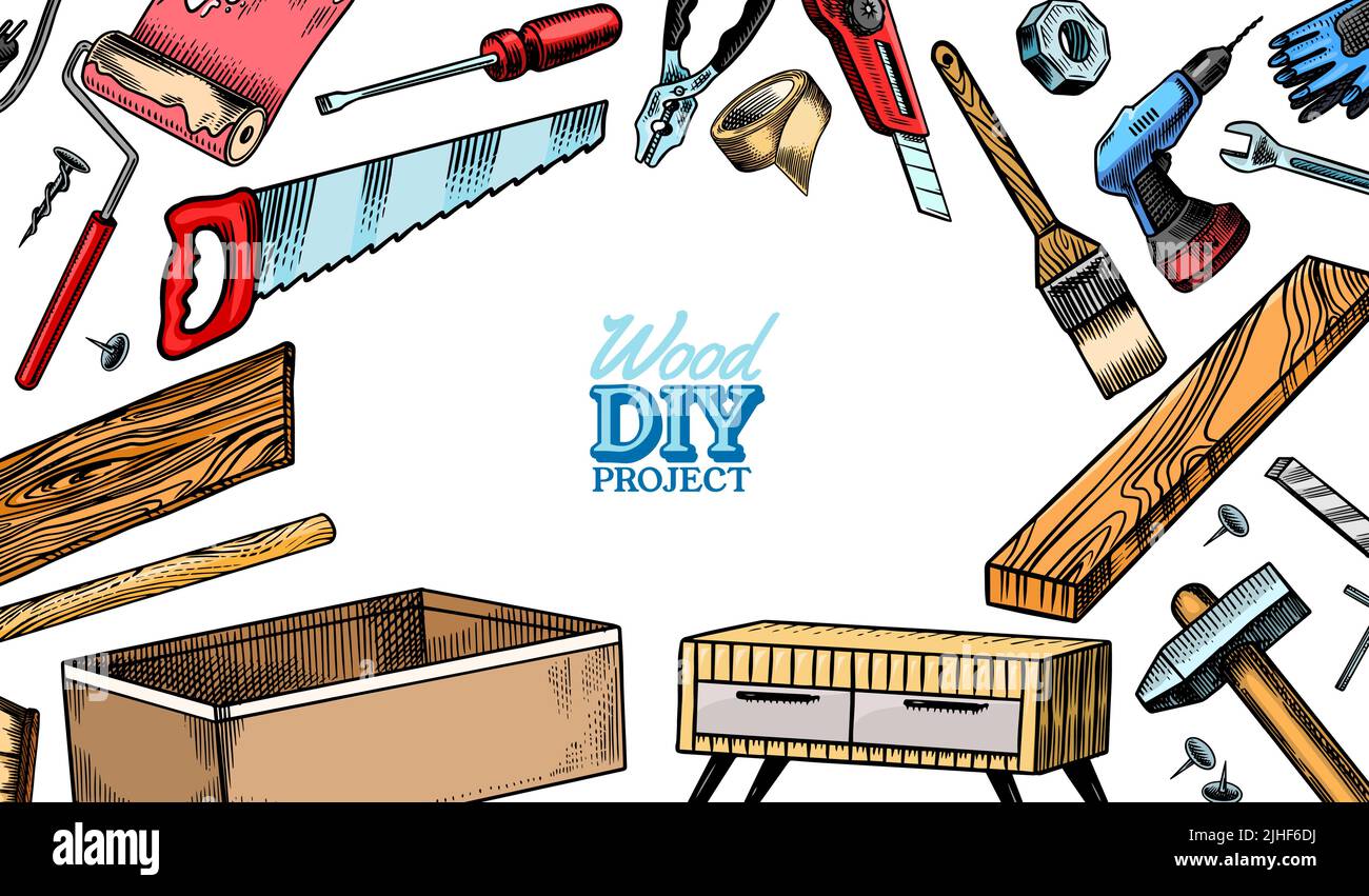 DIY Background. Hardware Shop concept. Glue, wood planks, sewing ...