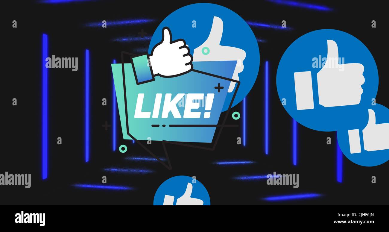 Image of like text with icons over neons on black background Stock ...
