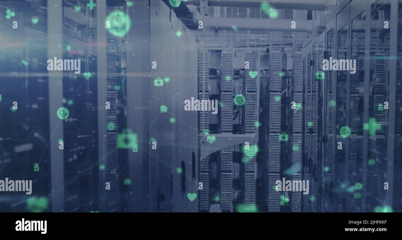 Image of data processing and network of connections over server room ...