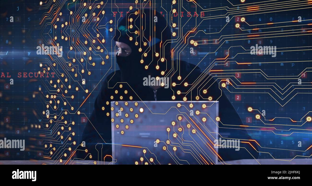 Image of computer circuit board and cyberattack warning over caucasian ...