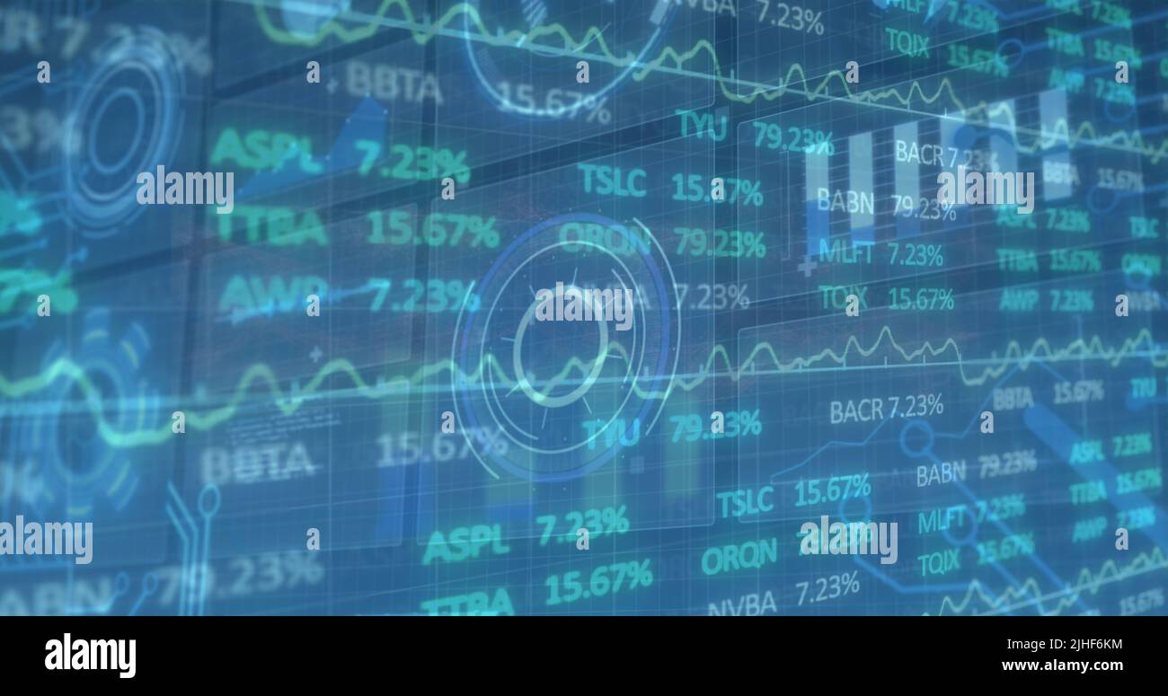 Image of stock market over scope scanning on green background cityscape ...