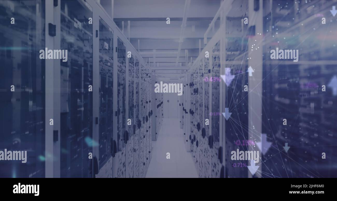 Image of data processing and network of connections over server room ...