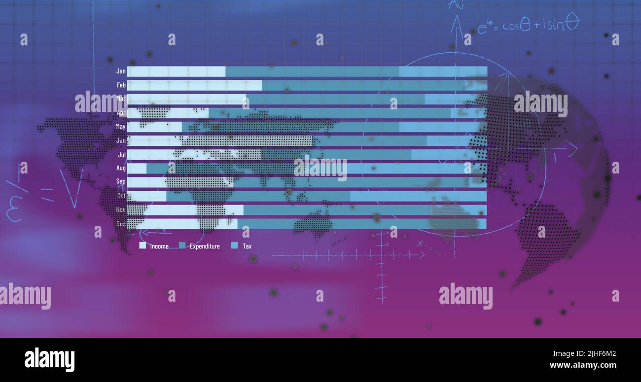 Image of data processing and mathematical eguations over world map and ...