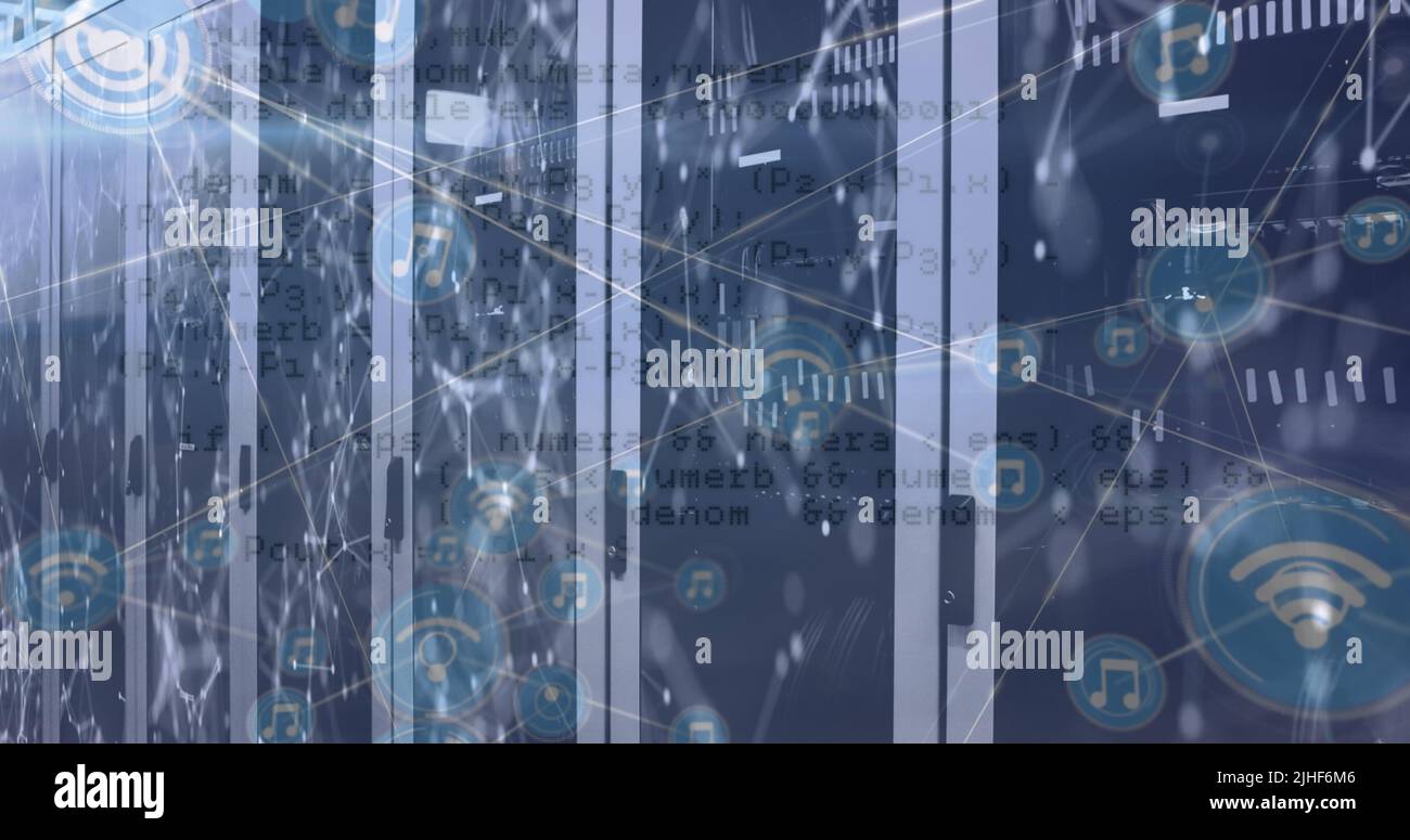 Image of data processing and network of connections over server room ...