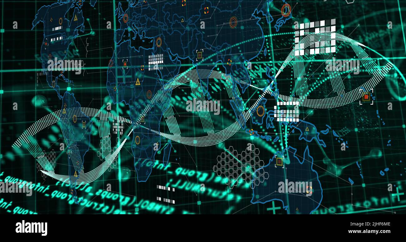 Image of dna strand and data processing over world map on black background Stock Photo - Alamy