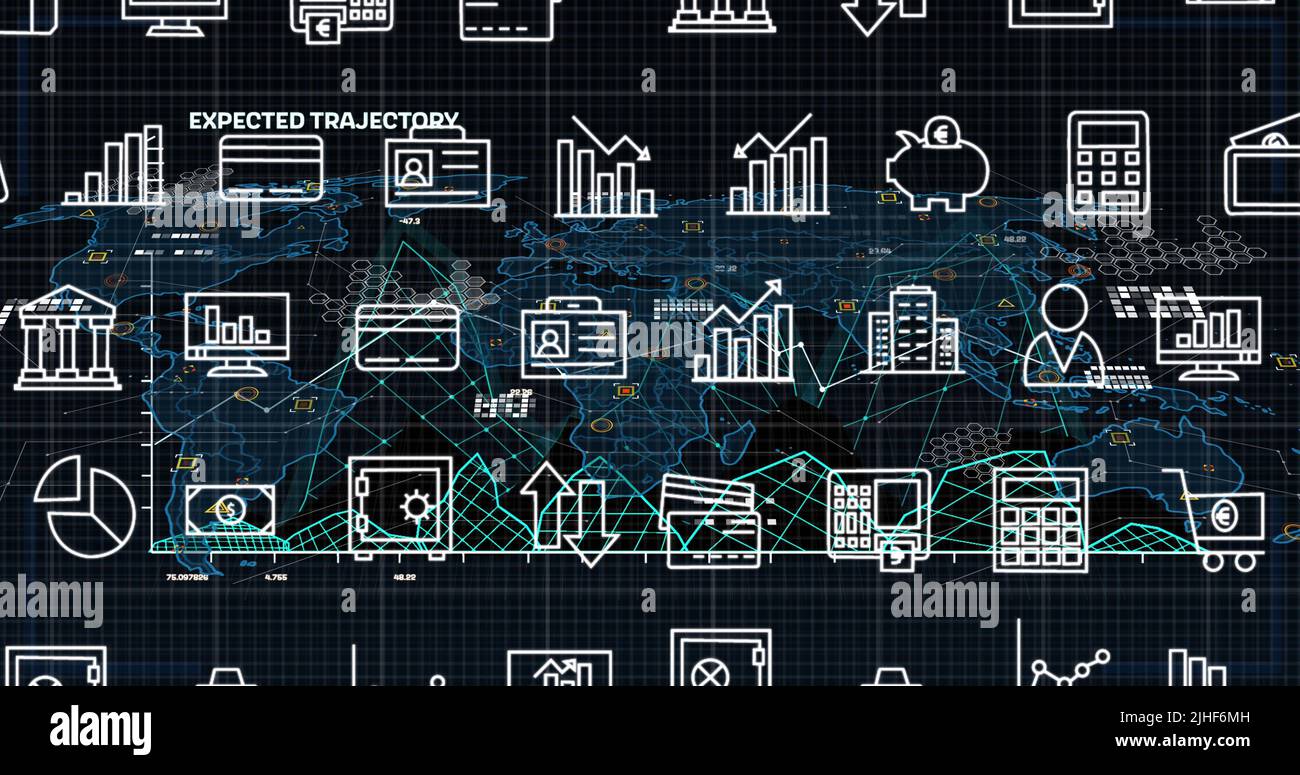 Image of icons over world map and data processing on black background ...