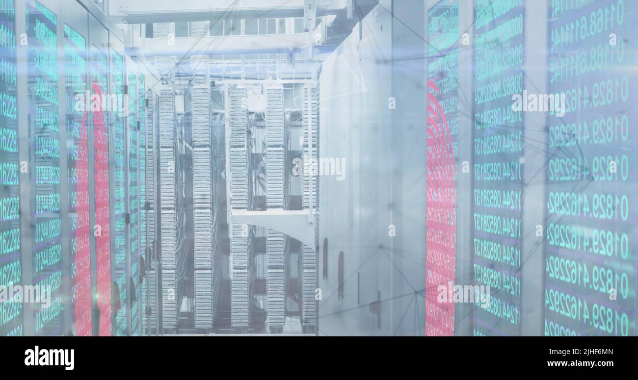 Image of data processing and network of connections over server room ...