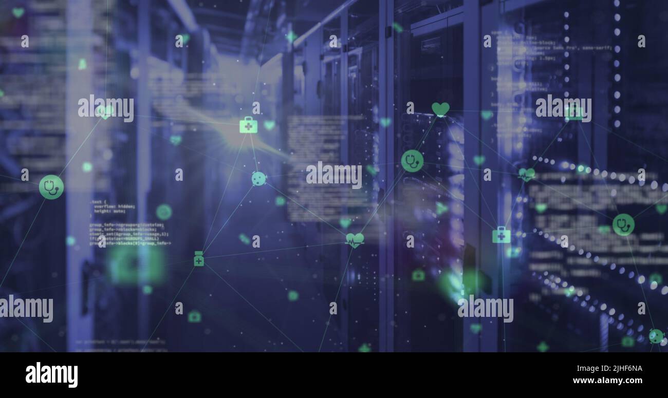 Image of data processing and network of connections over server room ...
