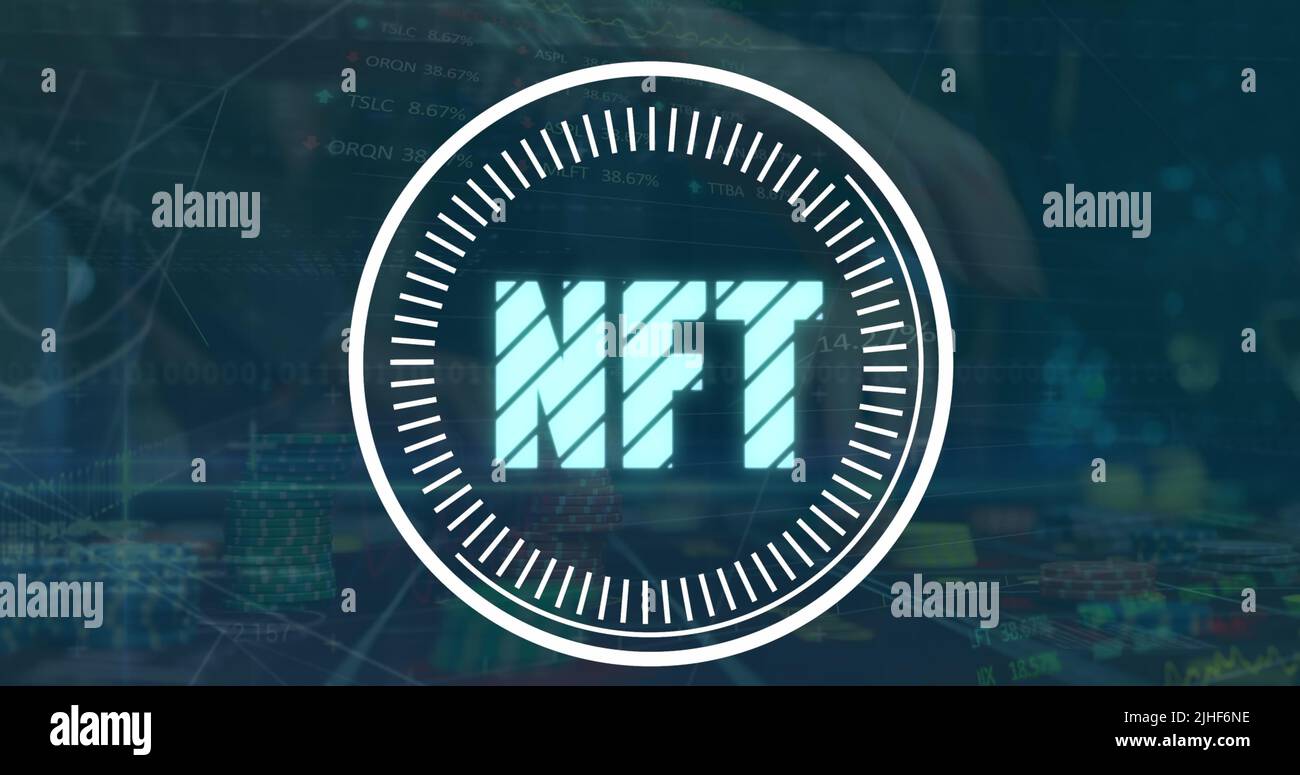 Image of scope scanning with nft text over data processing and diverse busienss people Stock ...