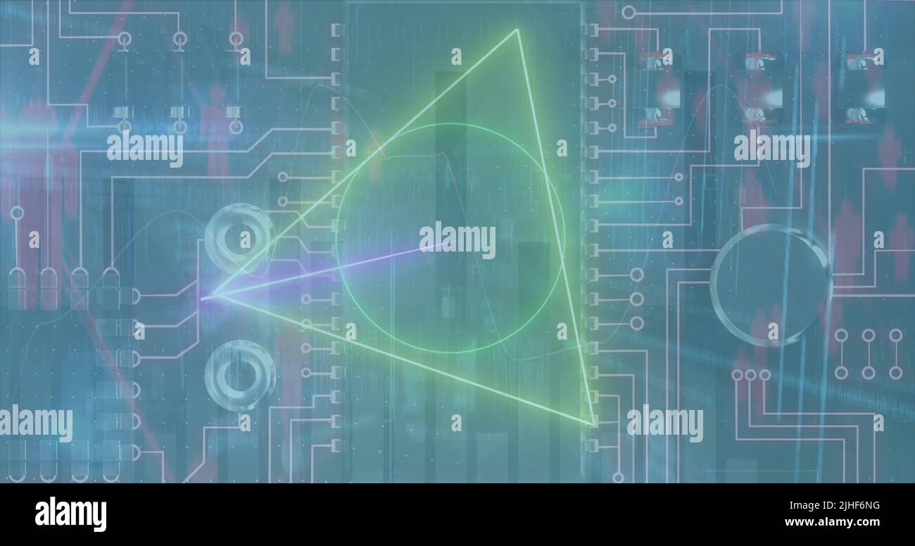 Image of shapes and computer circuit board over data processing on green background cityscape ...