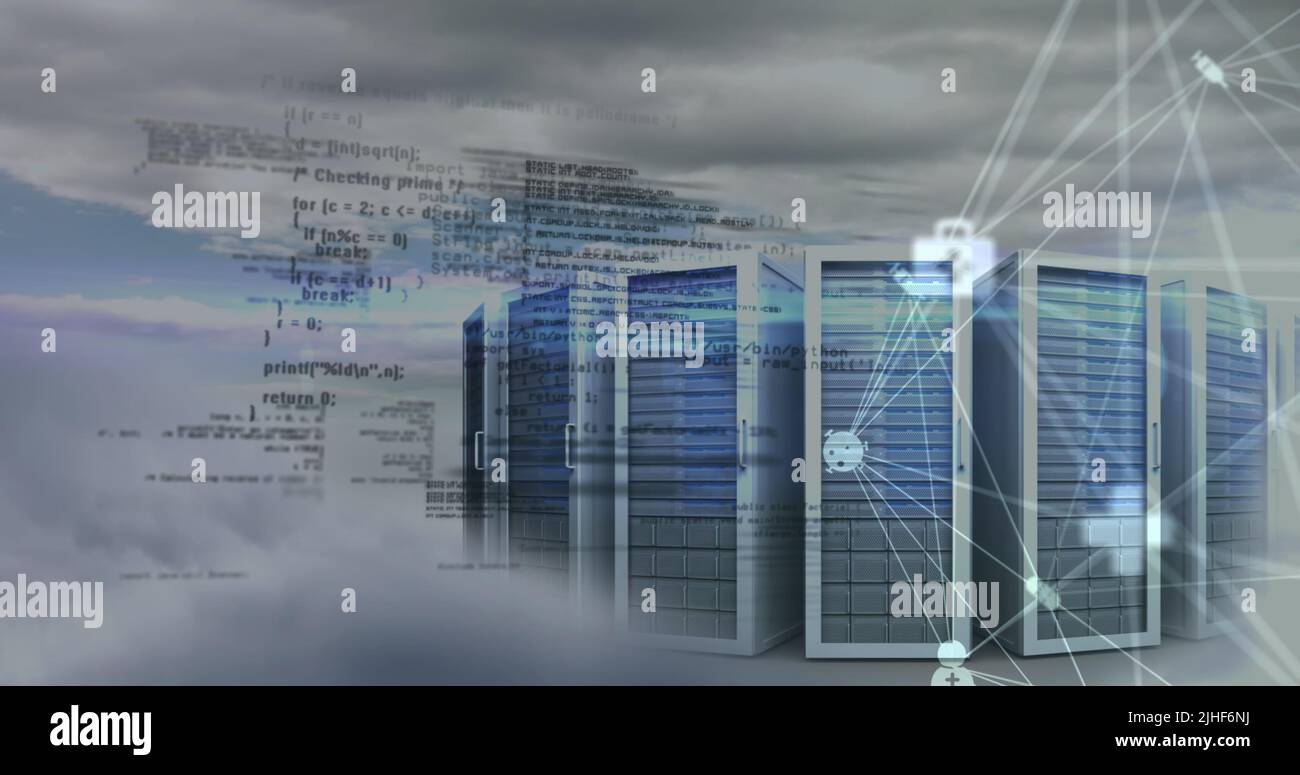 Image of data processing and network of connections over server room ...