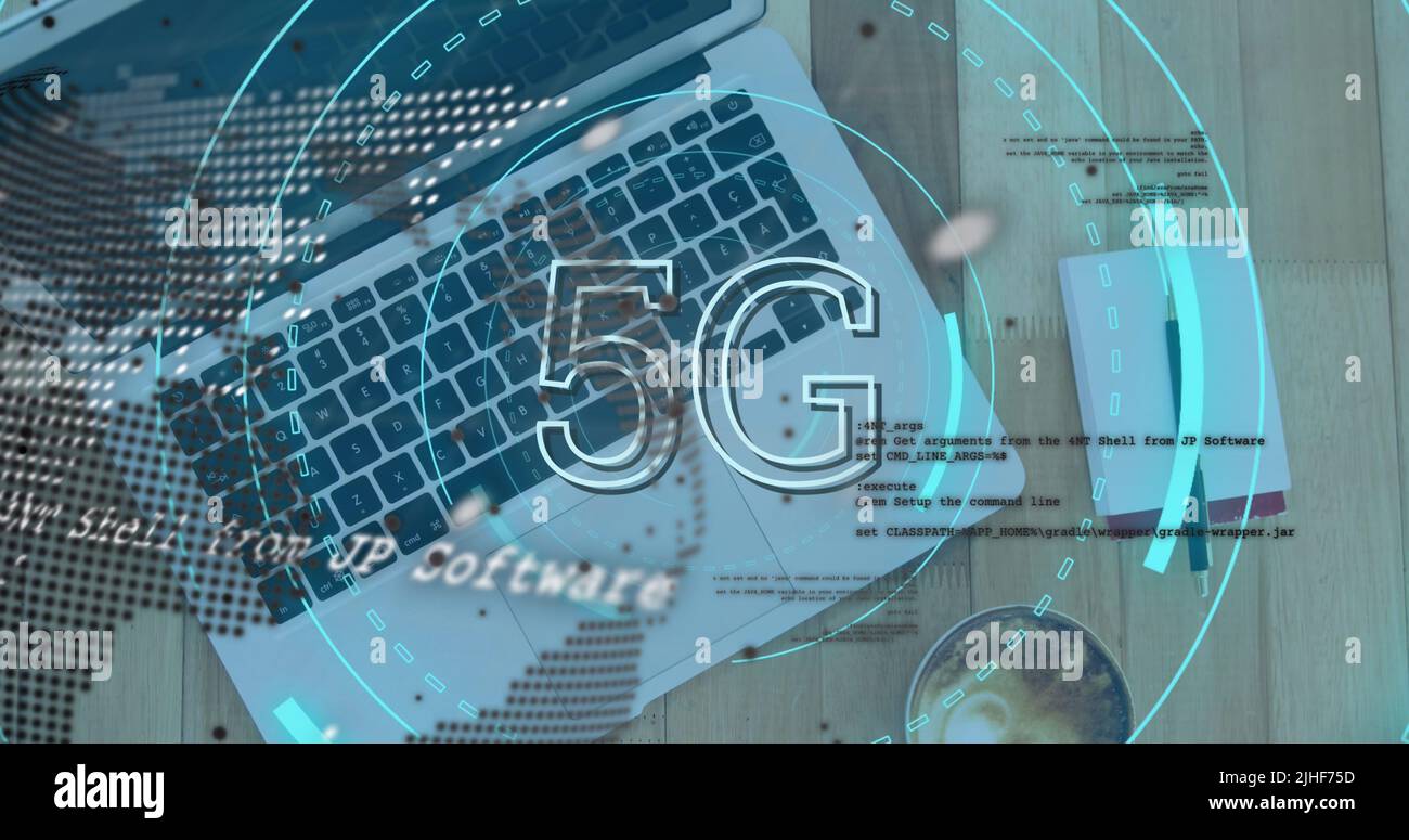 Image of scope scanning with 5g and data processing over laptop on desk ...