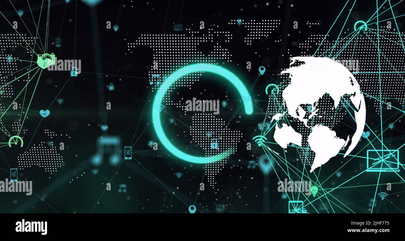 Image Of Globe Over Network Of Connections And Data Processing On Black