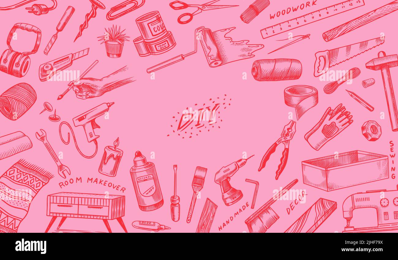 DIY Background. Hardware Shop concept. Glue, wood planks, sewing ...