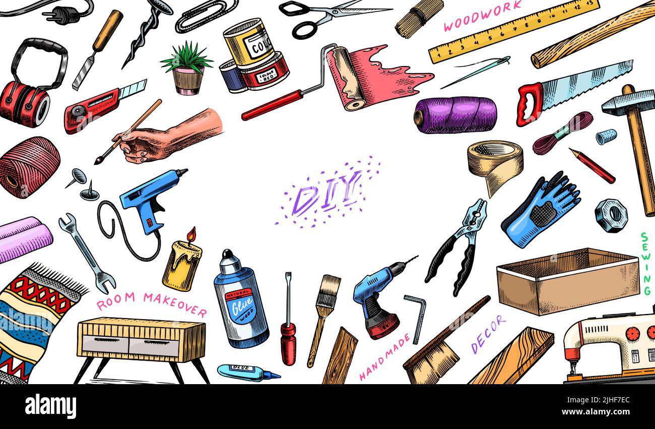 DIY Background. Hardware Shop concept. Glue, wood planks, sewing ...