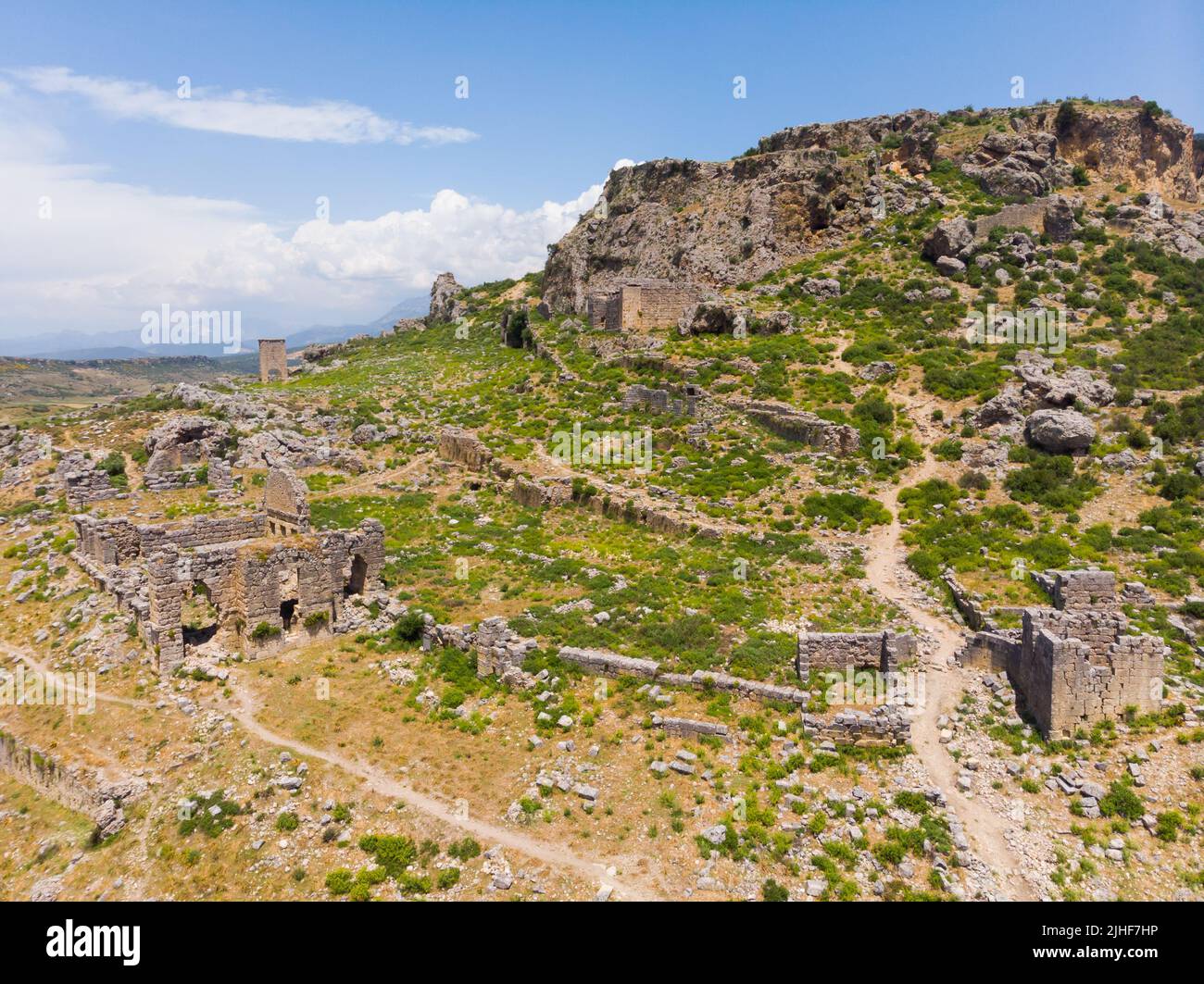 Stone remains of ancient city and hilltop fortress of Sillyon, Turkey ...