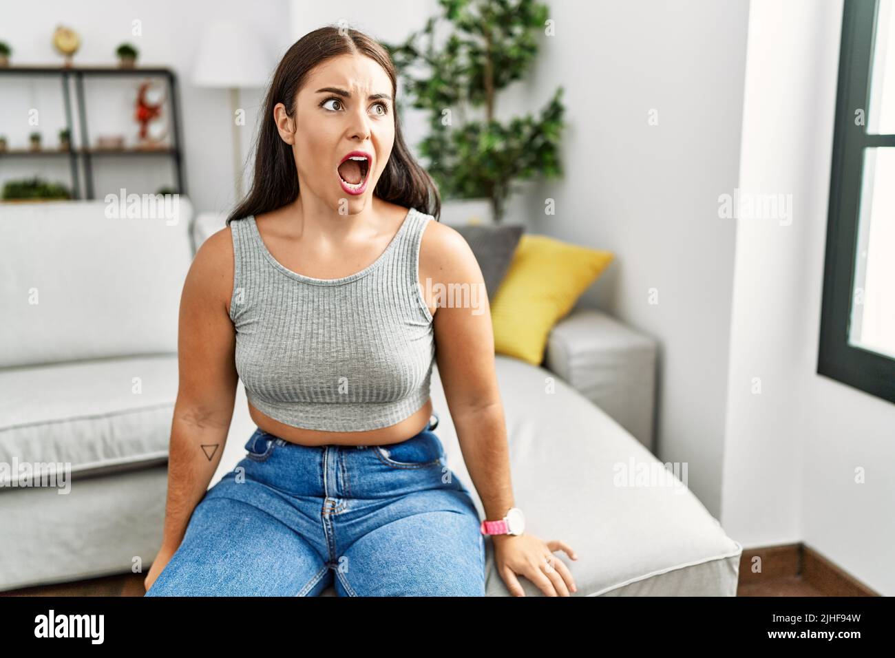 Young brunette woman sitting on the sofa at home angry and mad ...