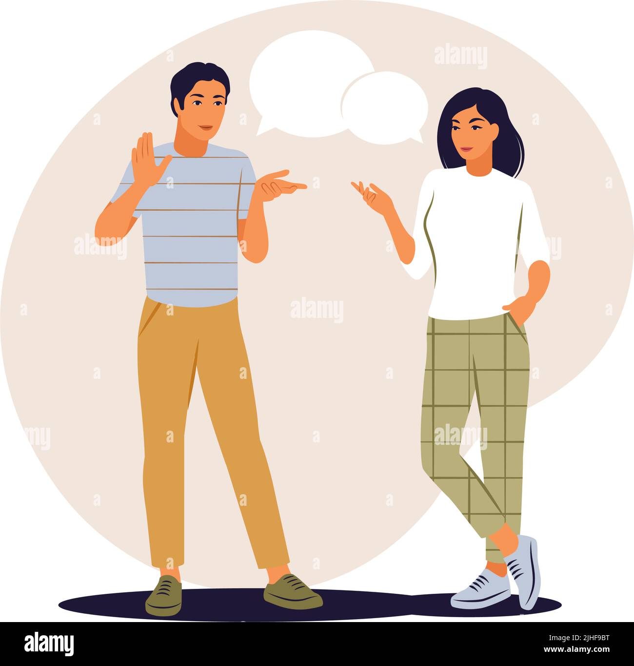 Dialogue concept. Man and woman talking with speech bubbles. Vector ...