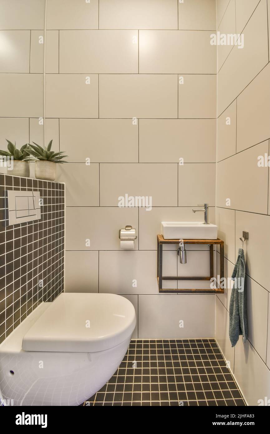 Modern Flush Toilet And Ceramic Sink Installed On White Tiled Walls