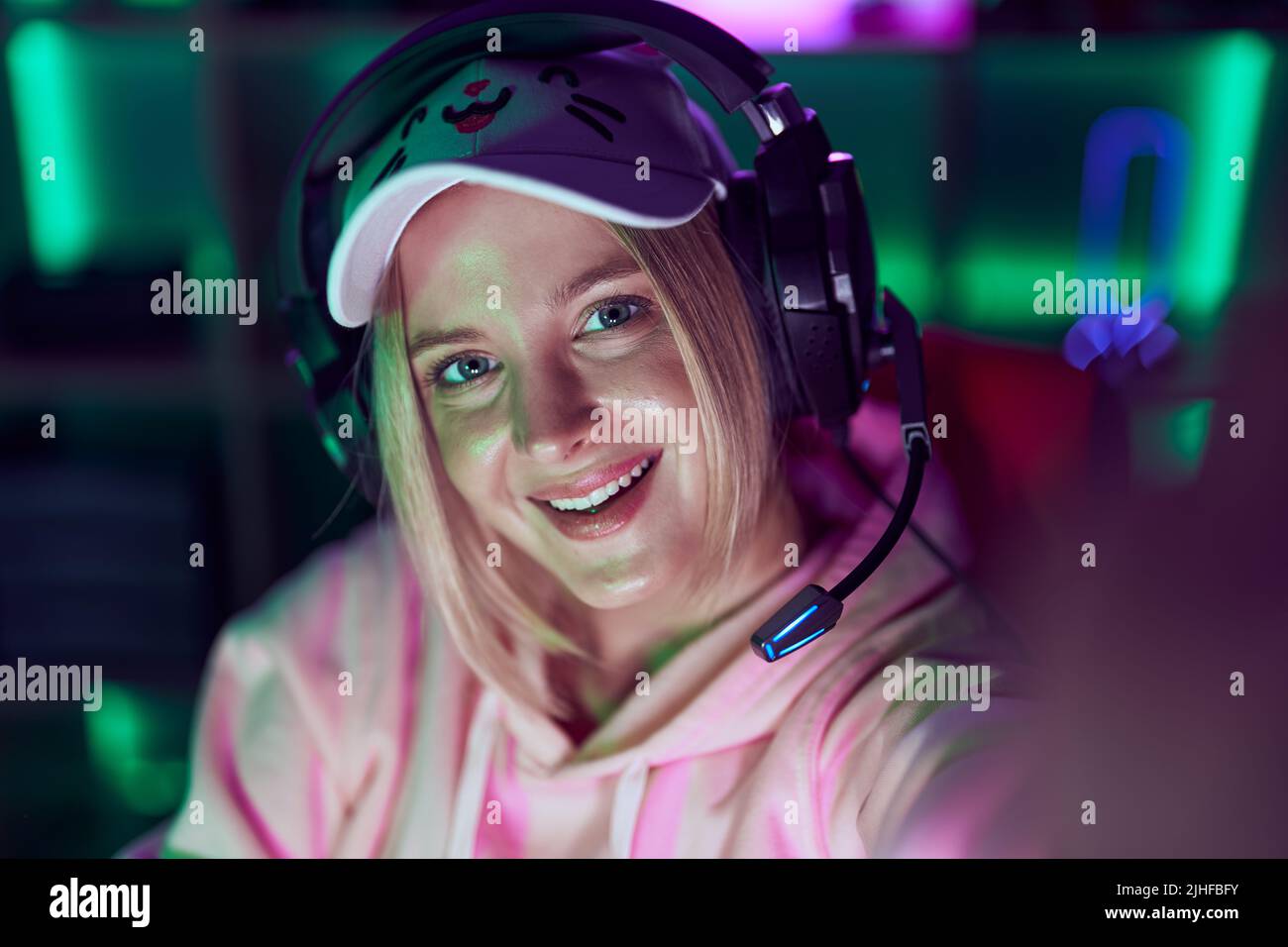 Young blonde woman streamer make selfie by camera at gaming room Stock ...