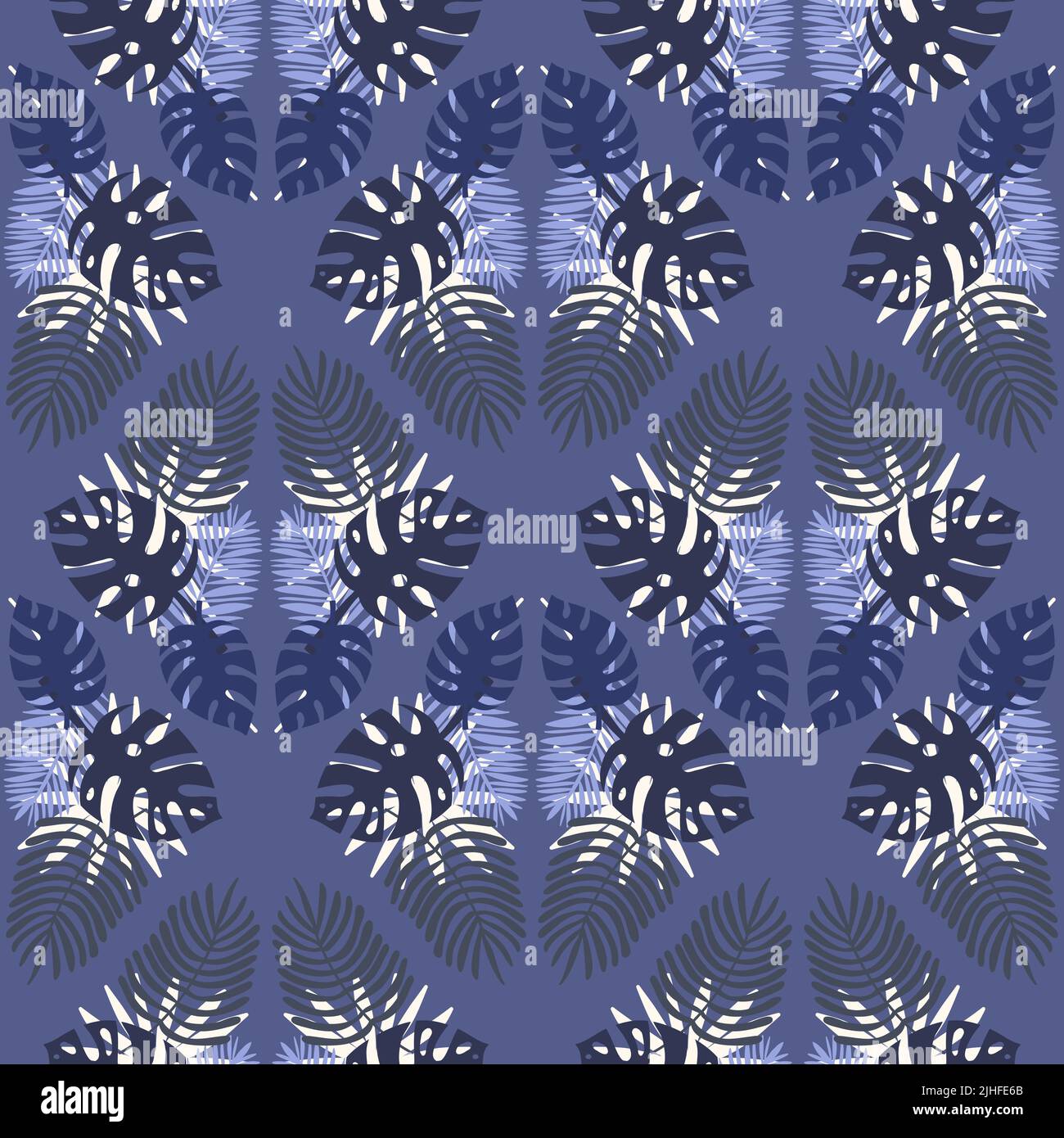 Blue purple tropical leaf seamless pattern with monstera palm tropical ...