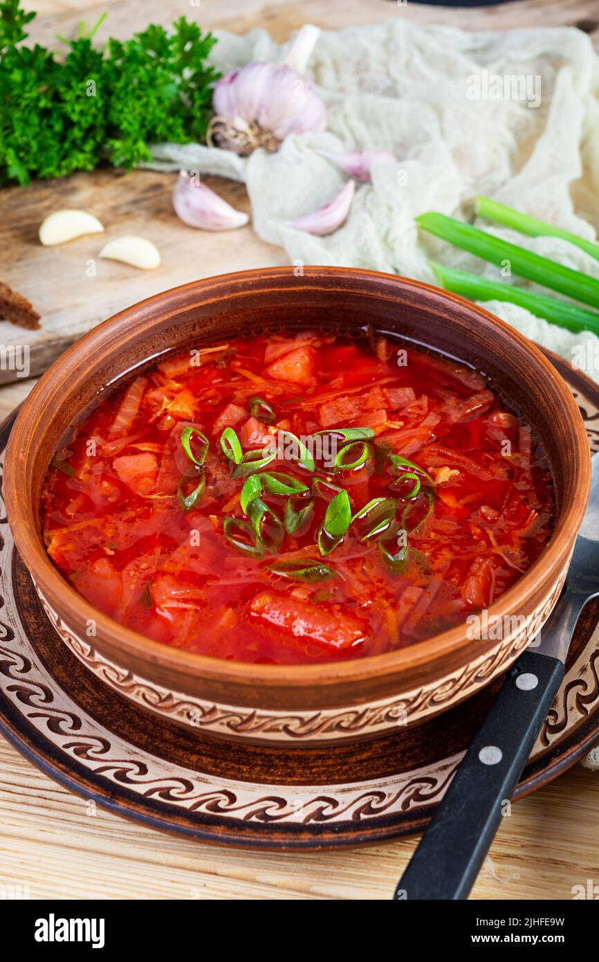 Traditional ukrainian borscht with green onion and sour cream ...