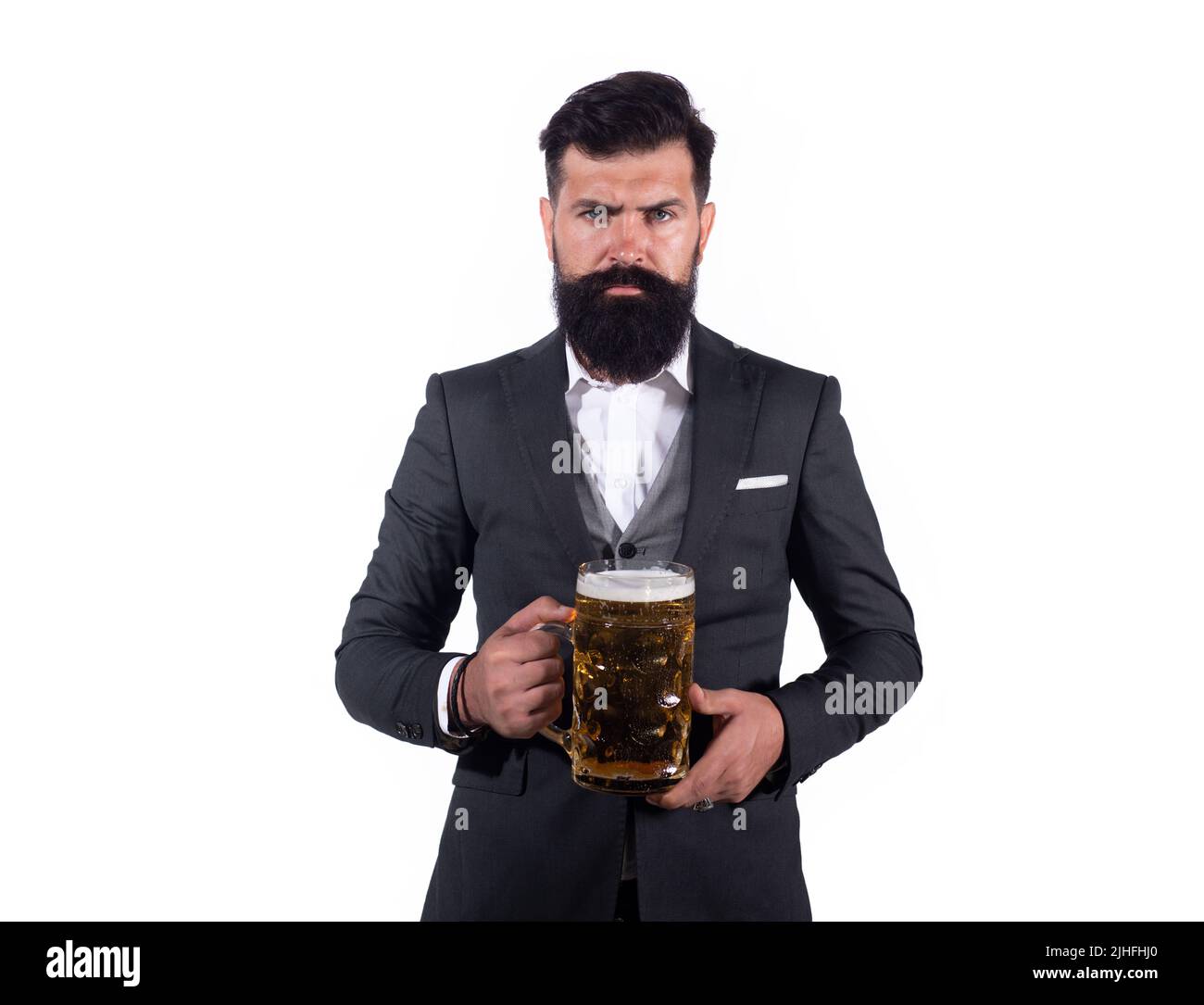 Retro man in classic suit drinking beer. Bearded guy in business outfit ...