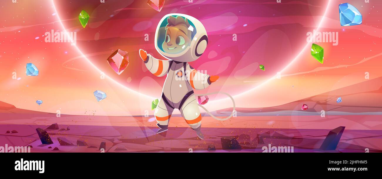 Cute astronaut collect bonus crystals on alien planet in space. Baby ...