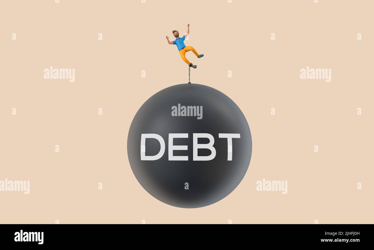 Business character chained to a large falling debt ball. 3D Rendering ...