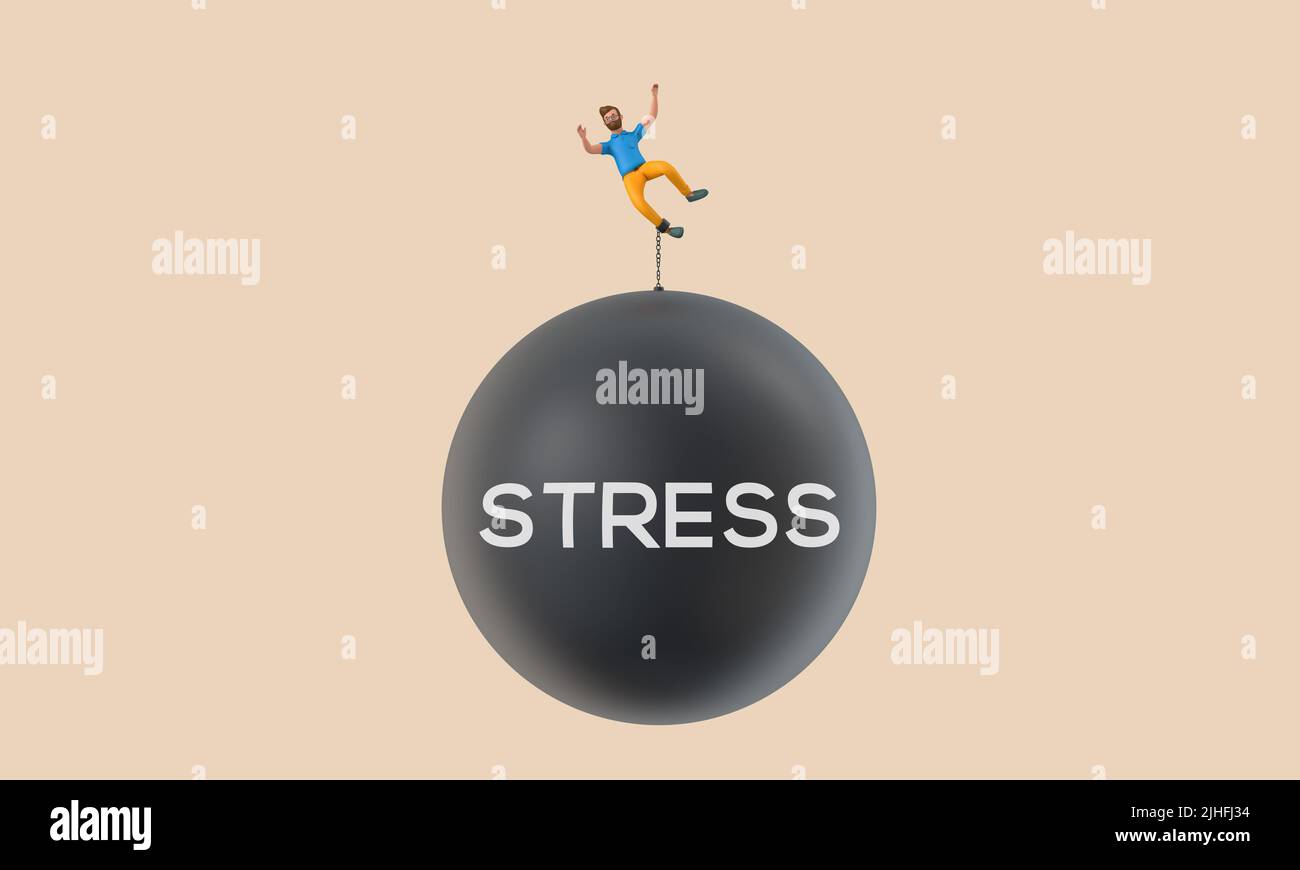 Business character chained to a large falling stress ball. 3D Rendering ...