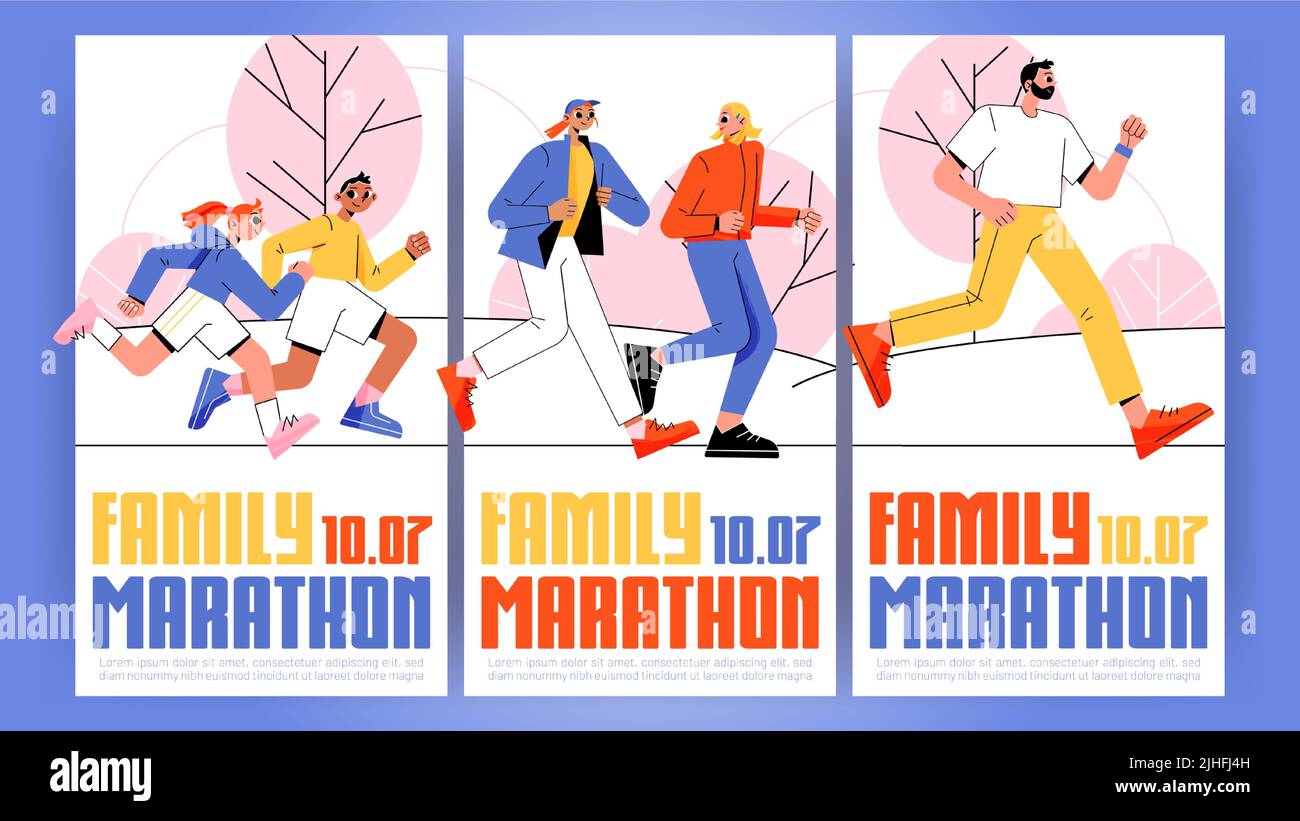 Family marathon ads banners, invitation for parents and children to run ...