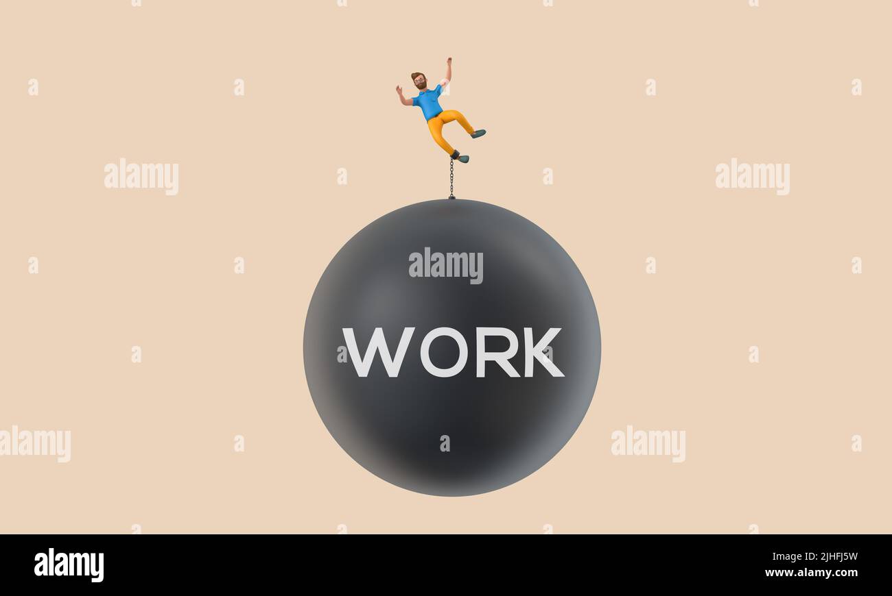 Business character chained to a large falling work ball. 3D Rendering ...