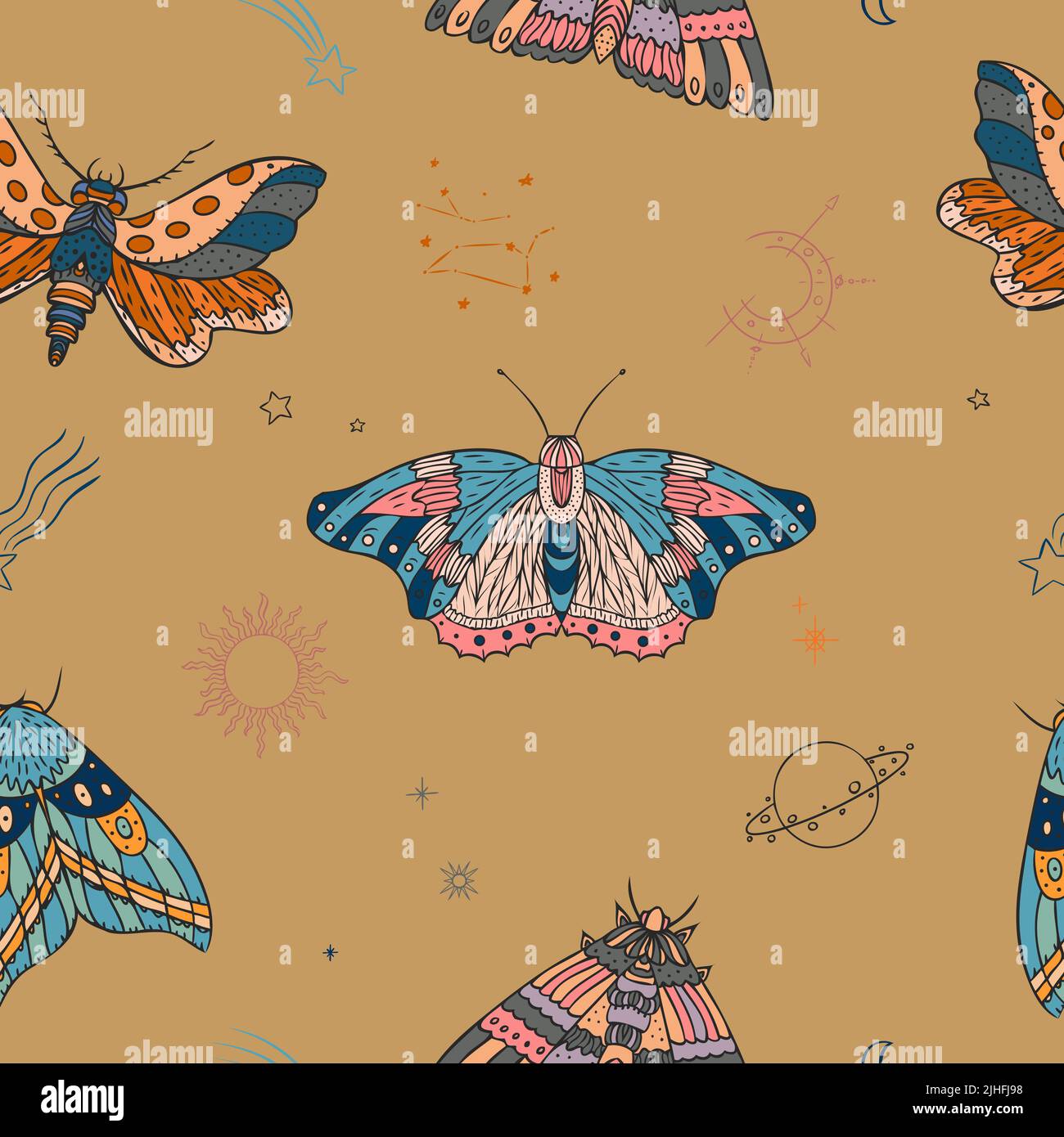 Night moth, symbols of the sky, sun and moon vector seamless pattern ...