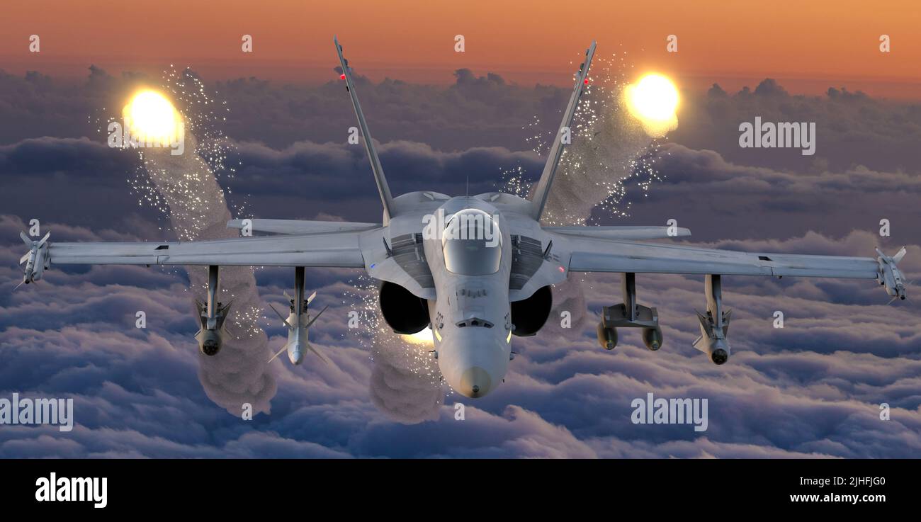 F/A-18 from US Air Force throwing flares in high speed pass over clouds ...