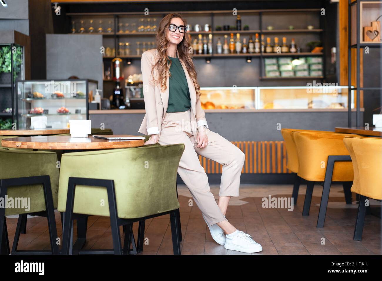 Business Woman Restaurant Owner Dressed Elegant Pantsuit Standing In ...