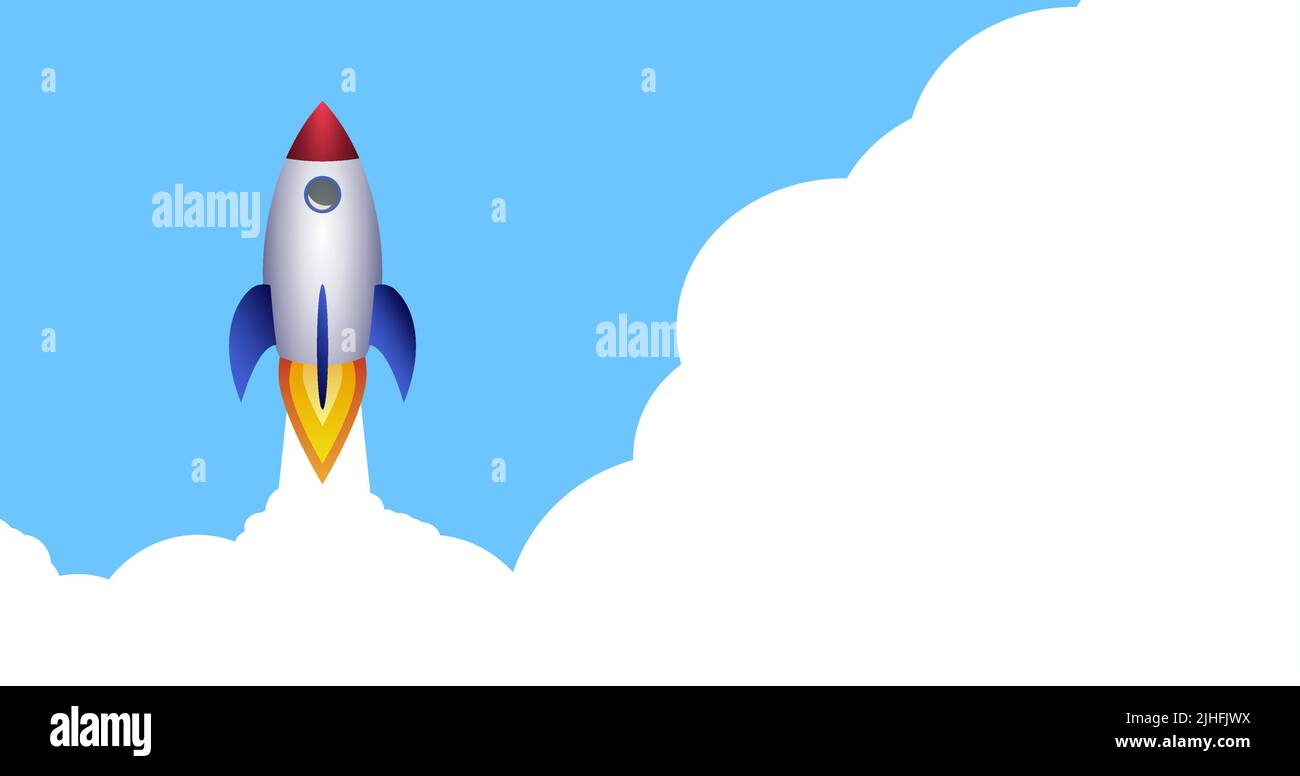 launching space rocket against blue sky with copy space in clouds ...