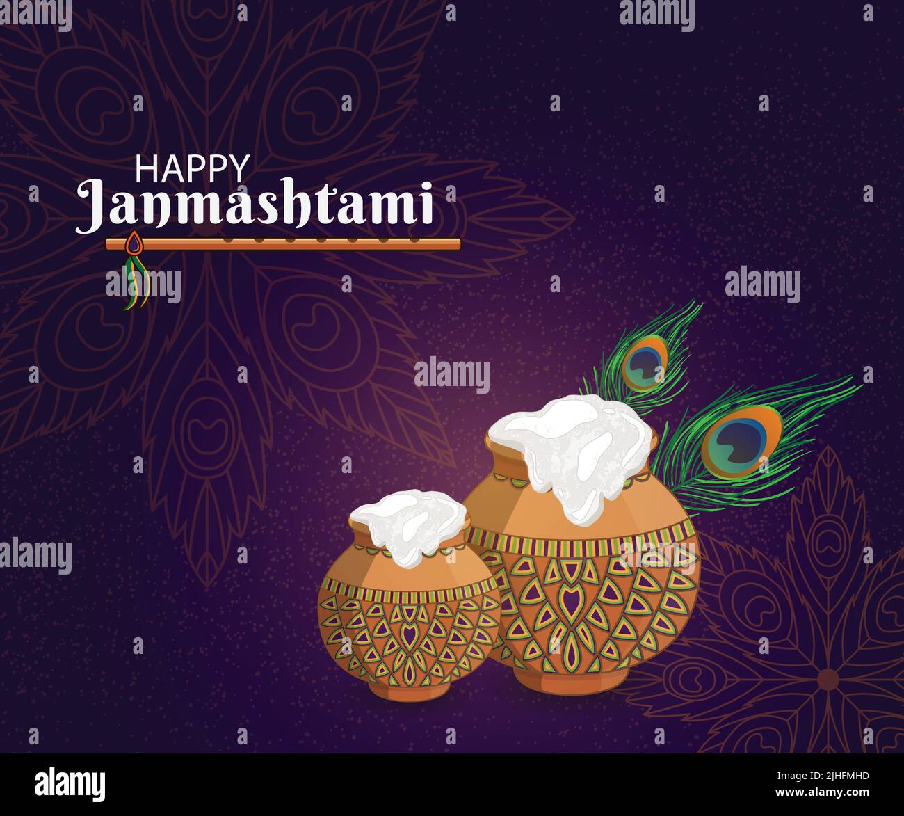 Happy Krishna Janmashtami background with matki, makhan, flute, peacock ...