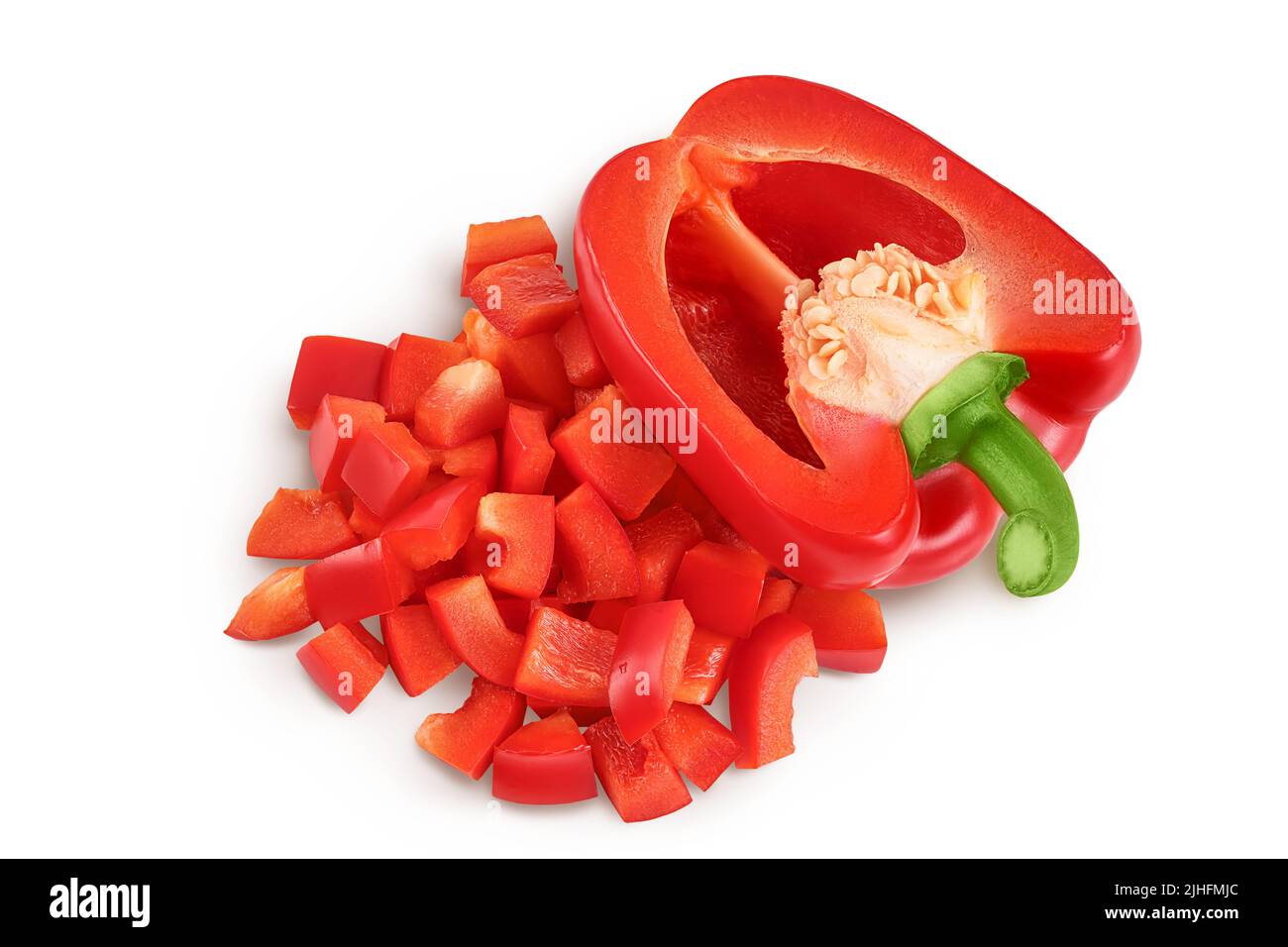 diced of red sweet bell pepper isolated on white background. Top view ...