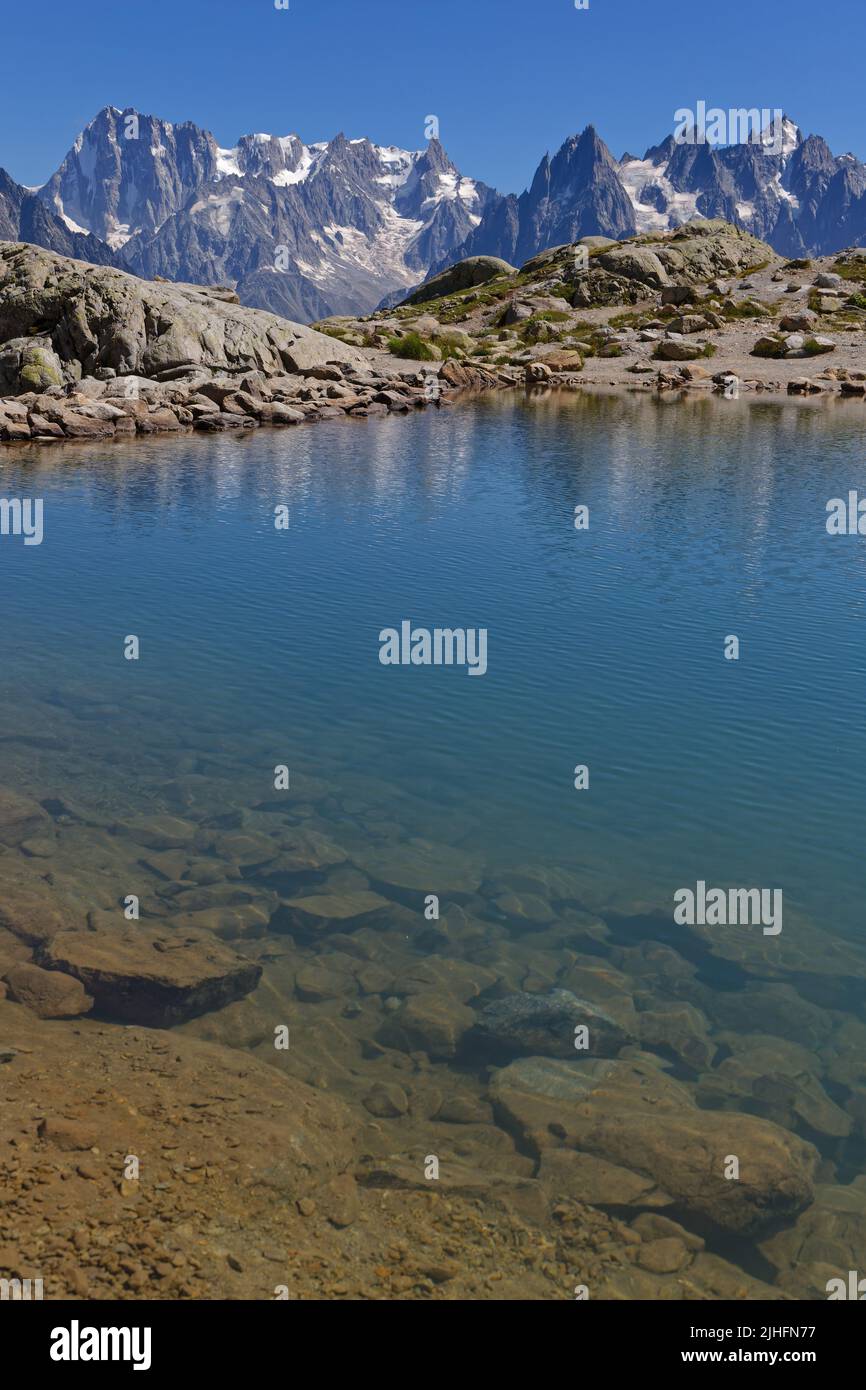 Summer landscape on the Mont-Blanc mountain from the shore of the Lac ...
