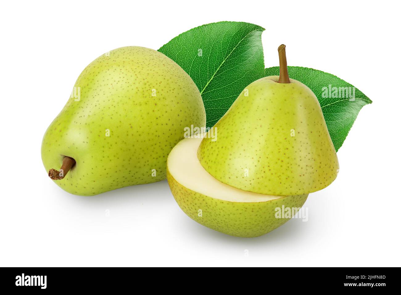 Green pear fruit with half isolated on white background with full depth ...