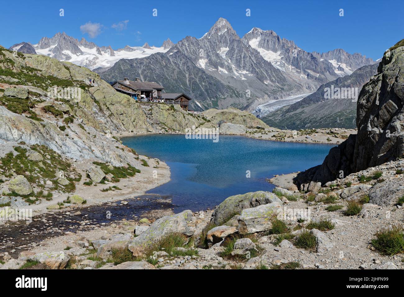CHAMONIX, FRANCE, July 8, 2022 : The Refuge du Lac Blanc overlooks the ...