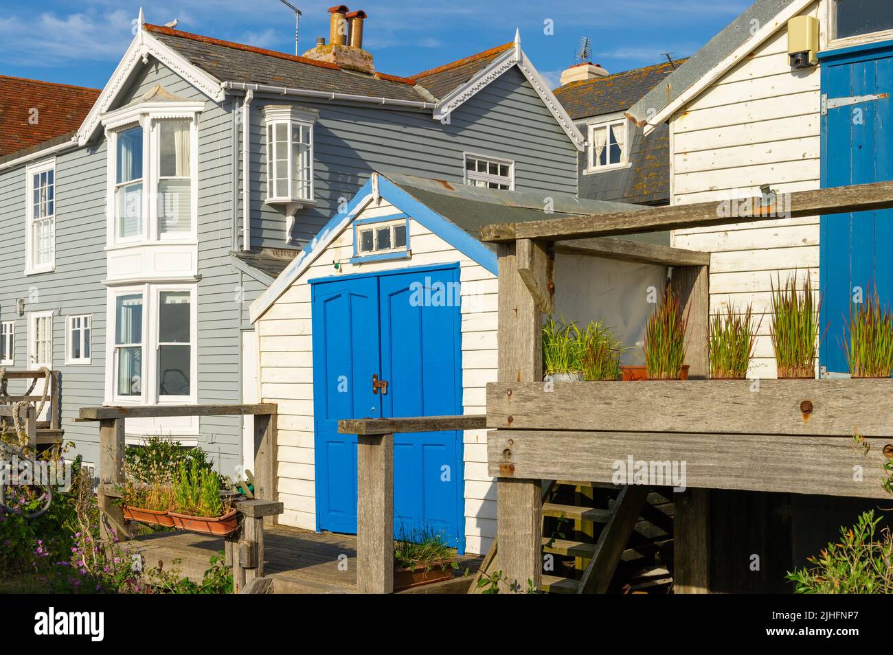 Beach houses on the seafront at Whitstable Bay, Kent, England Stock ...