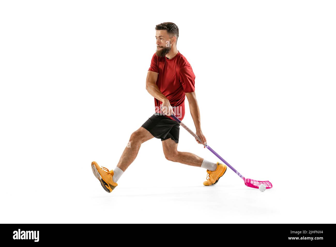 Floorball male player with floorball stick training isolated on white ...