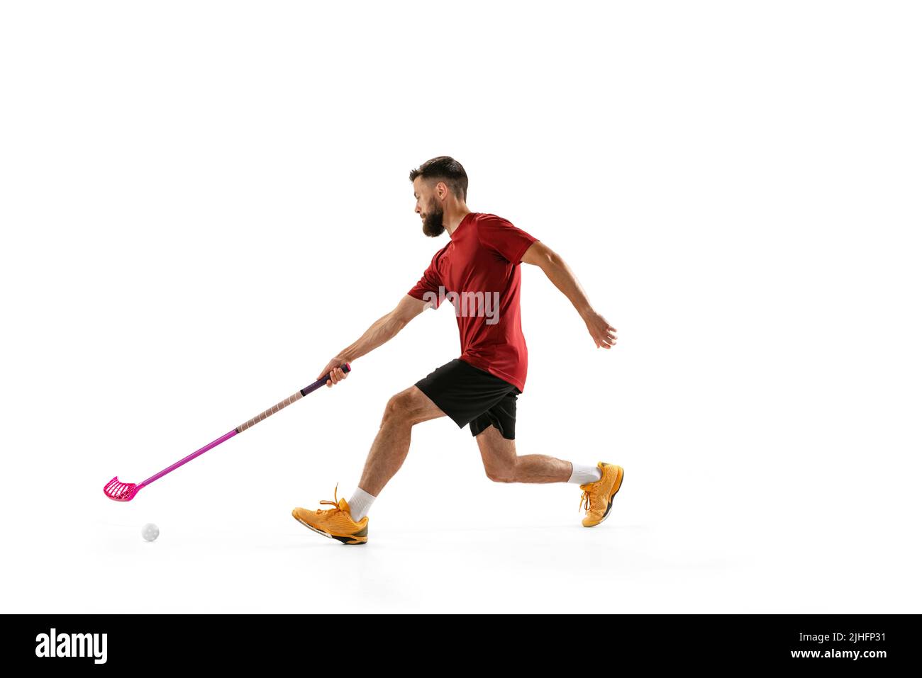 Floorball male player with floorball stick training isolated on white ...
