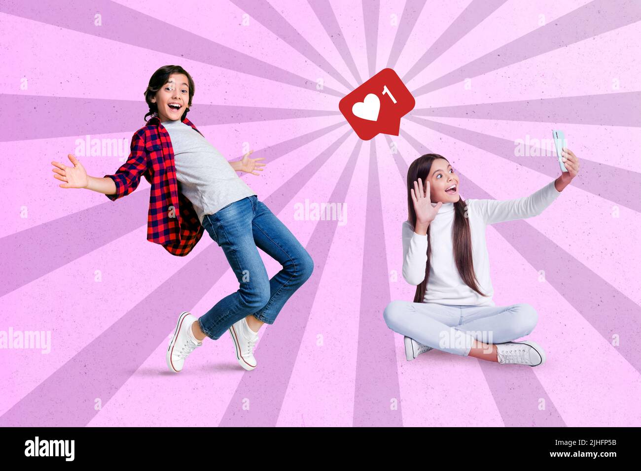 Poster collage of two girl boy dance do selfie wear casual cloth ...